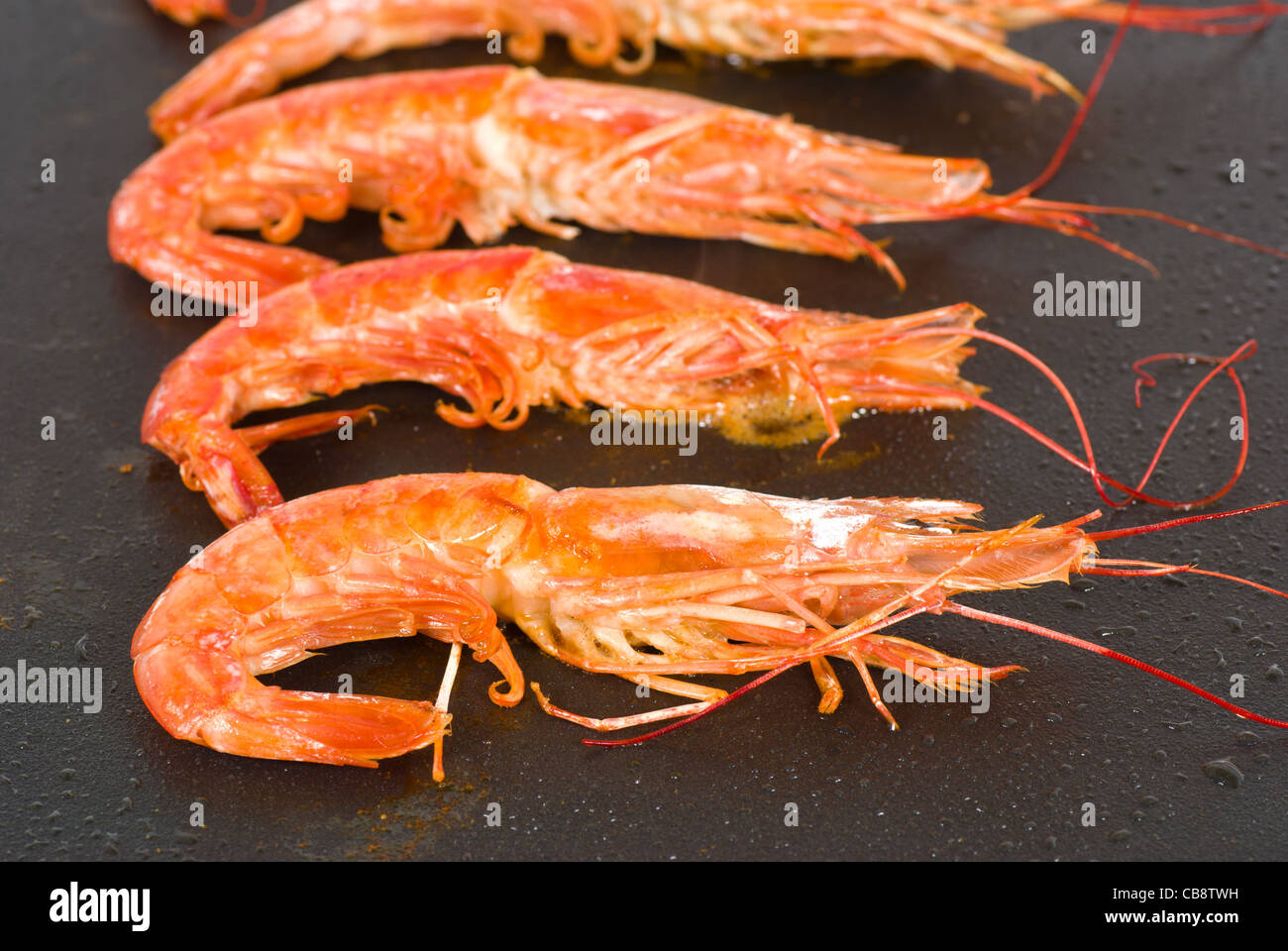 King prawns being cooked on a griddle Stock Photo - Alamy
