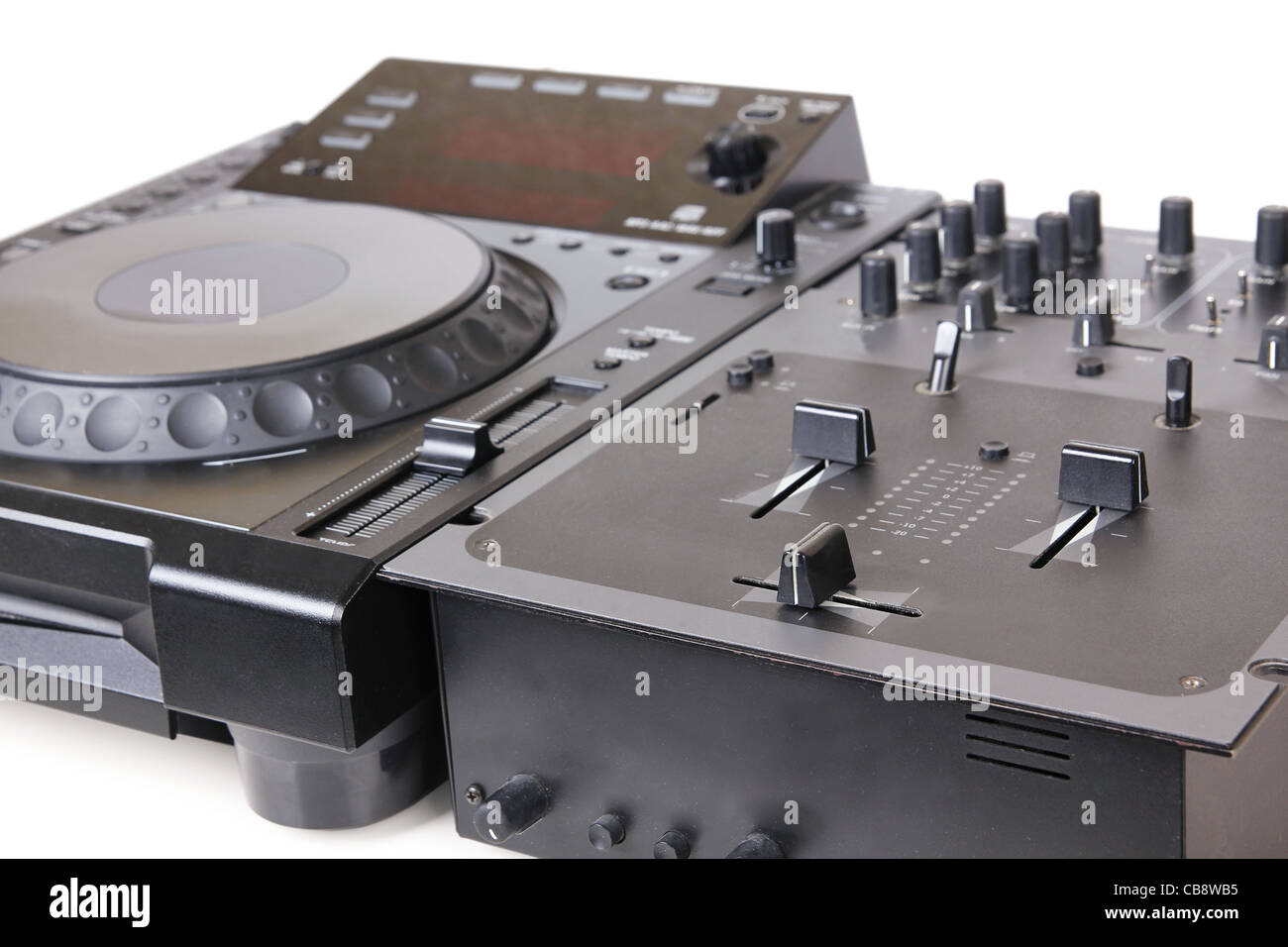 Dj cd player and mixer, closeup on white Stock Photo - Alamy