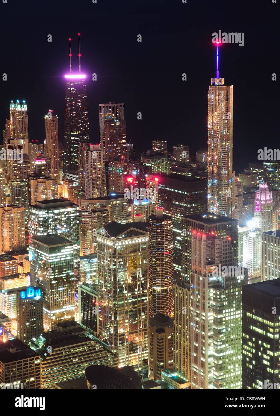 Chicago downtown aerial view at night with skyscrapers and city skyline ...
