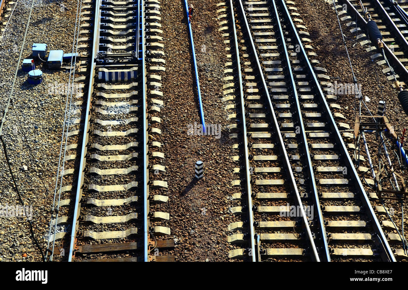 Close up of the Railroad tracks. Front view Stock Photo - Alamy
