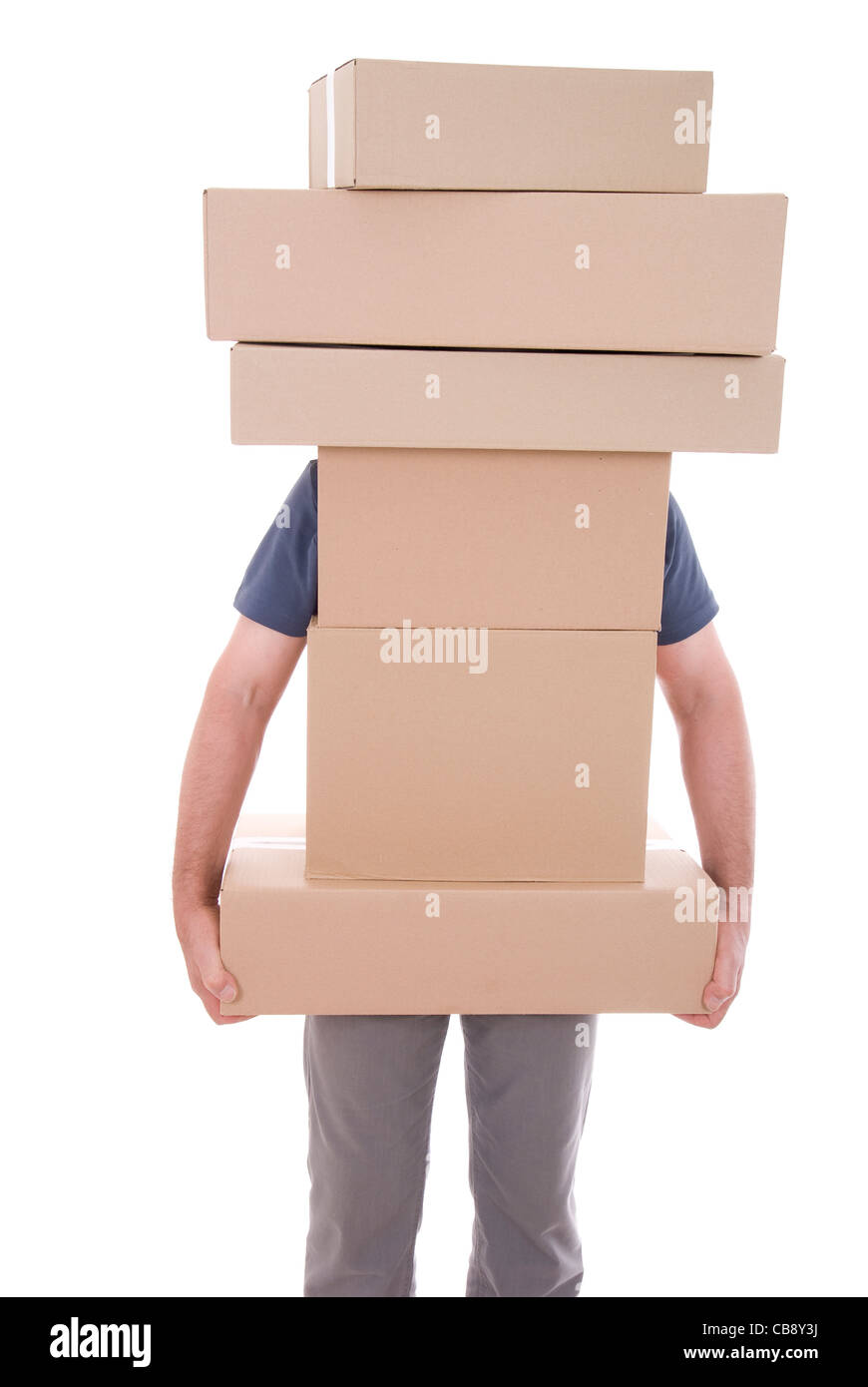 men carry different package on white background Stock Photo - Alamy