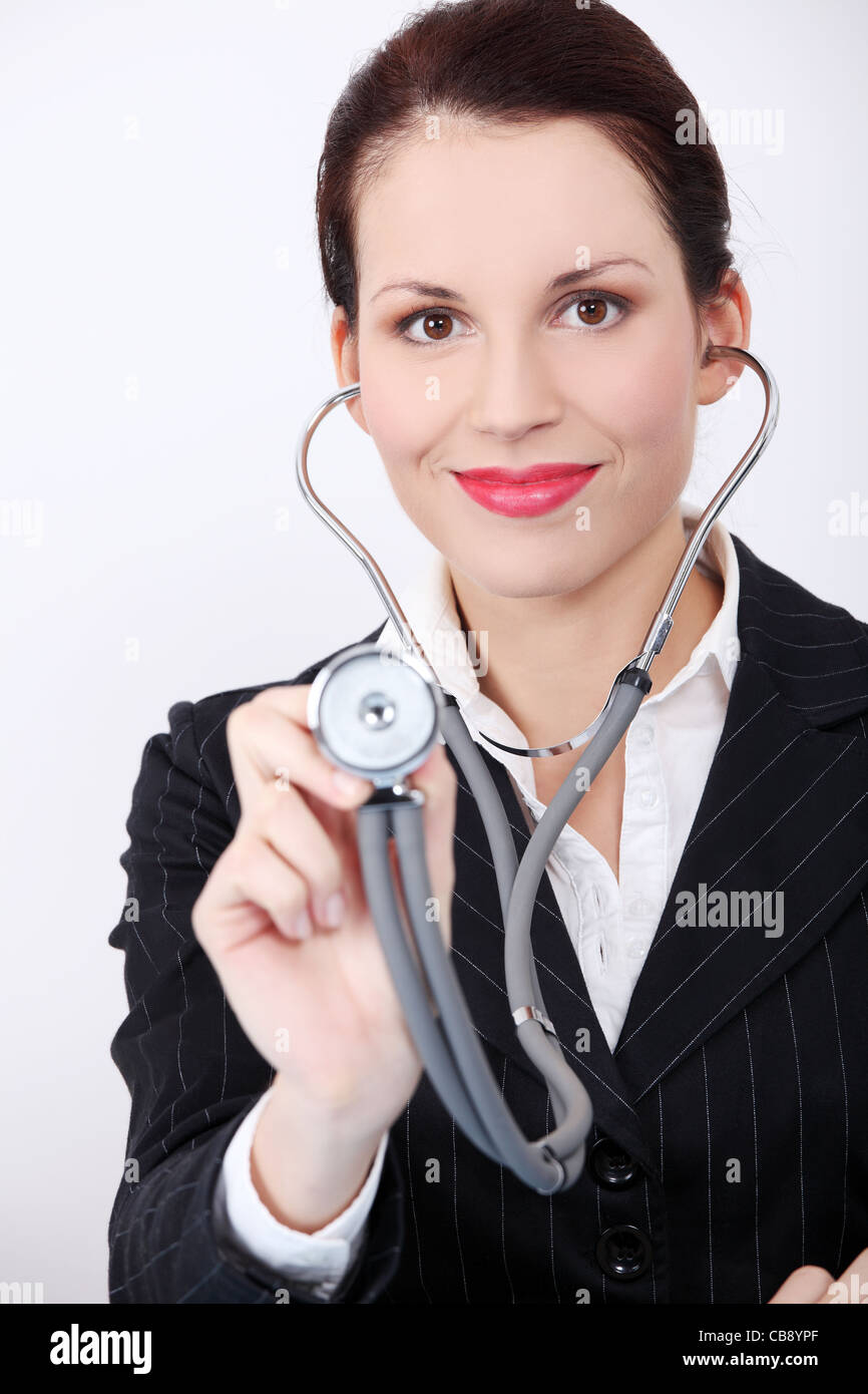 Pretty caucasian woman with stethoscope. Isolated on white background ...