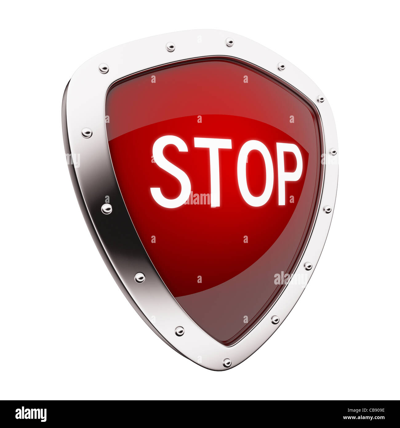 Silver shield with stop on red background Stock Photo - Alamy