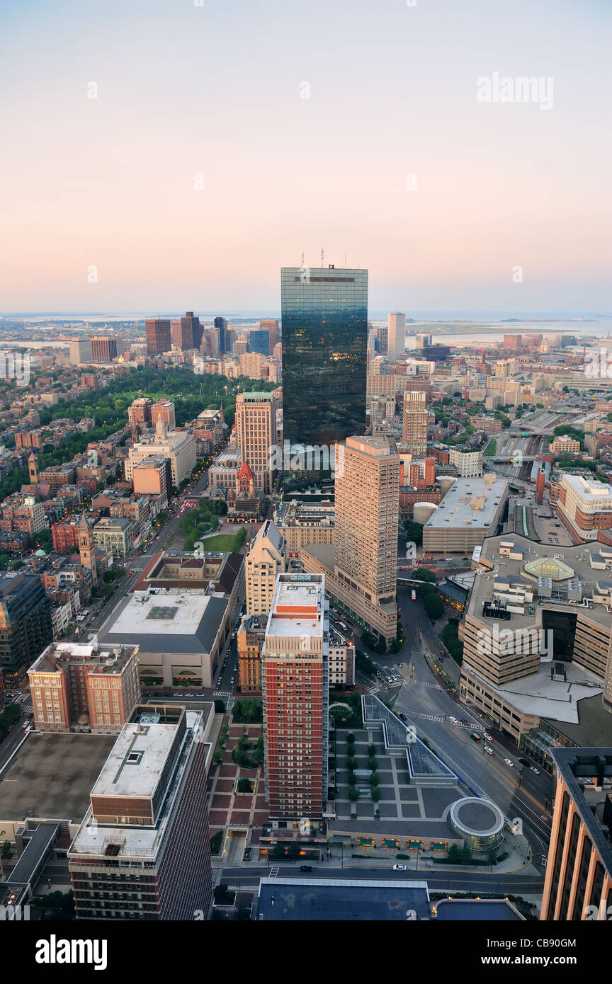 Urban city aerial view. Boston aerial view with skyscrapers at sunset ...