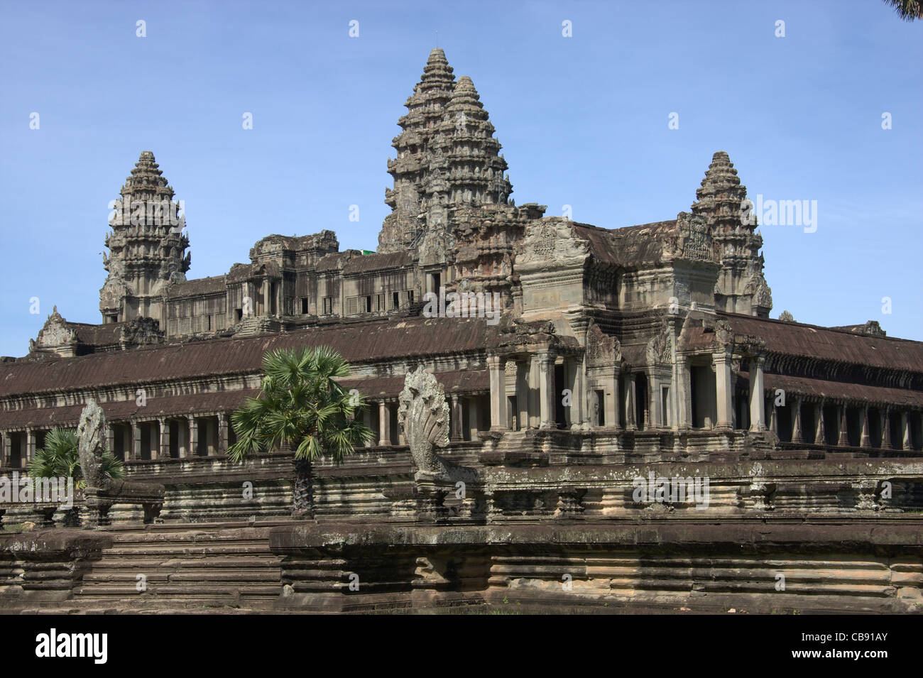 Angkor Wat temple, stairs, serpent, palm trees, Cambodia Stock Photo ...