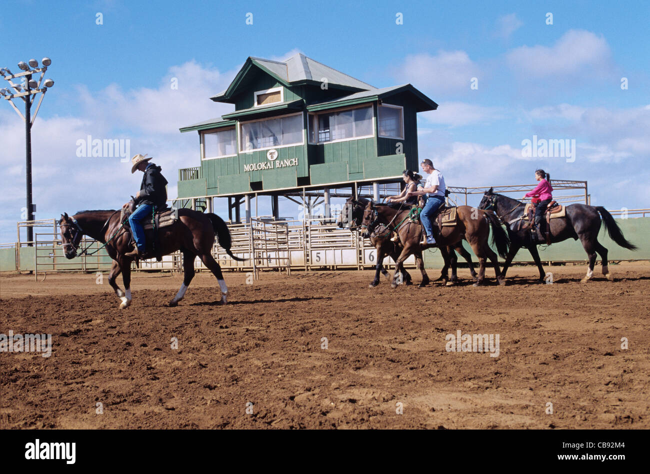Hawaii, Molokai Ranch, paniolo on horseback in arena Stock Photo - Alamy
