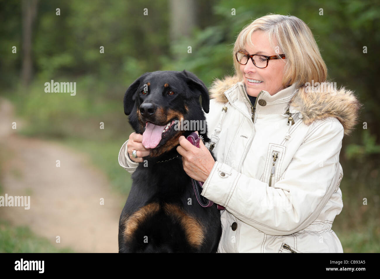 Woman taking her dog out for a walk Stock Photo - Alamy