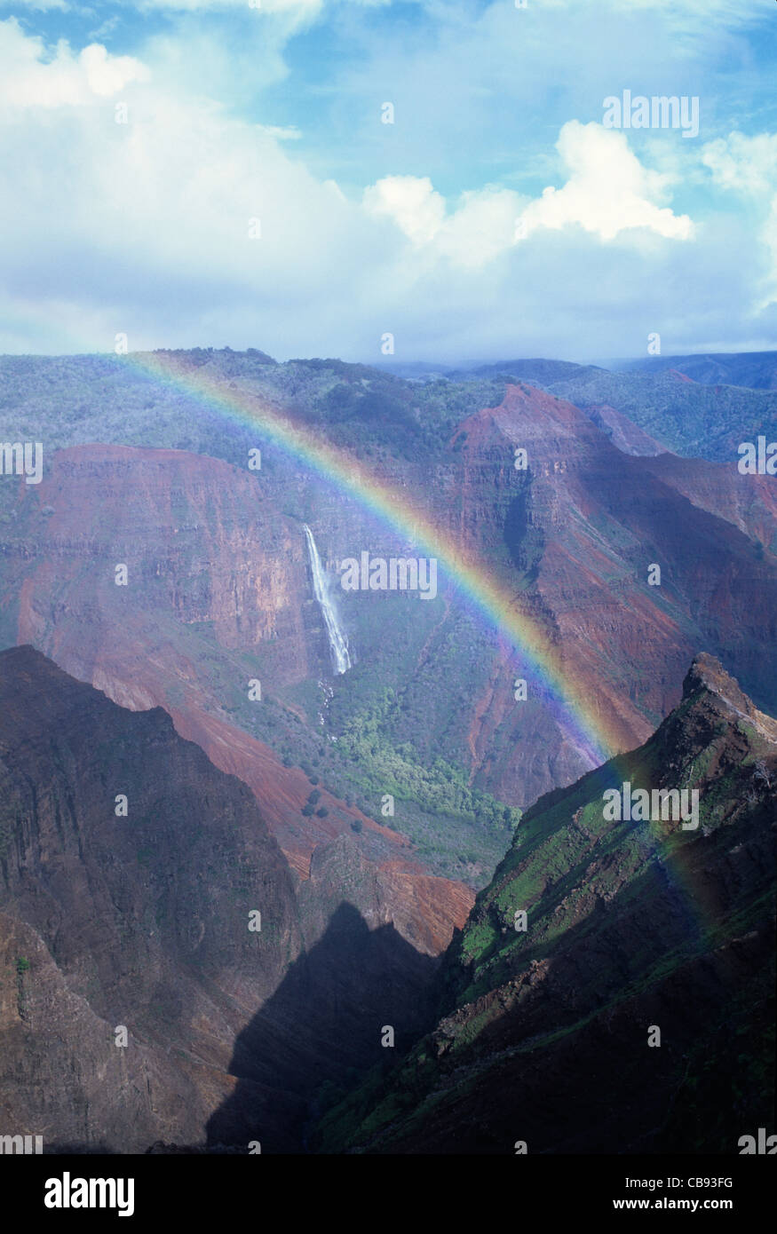 View of Waipo`o Falls with rainbow at Waimea Canyon on the Hawaiian ...
