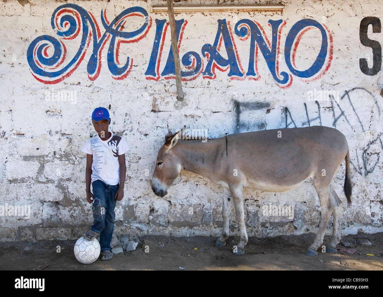 Young Boy In Front Of A Wall With Donkey And Football Lamu, Kenya Stock ...