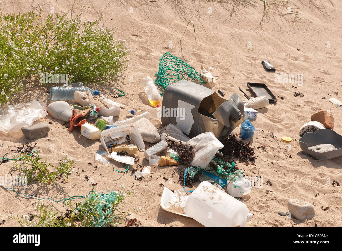 Human rubbish litters beech washed up fridge on isolated beech Stock ...
