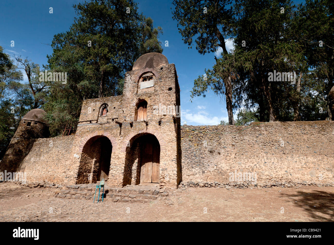 13th century tower and entrance gate at Debre Berhan Selassie Church in ...