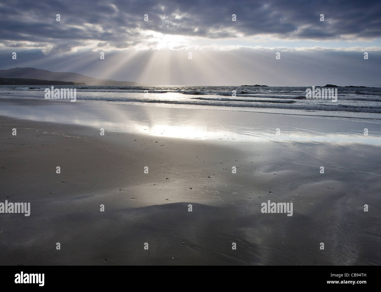 Dramatic Sunset over a remote Irish beach near Lettergesh beach, County ...