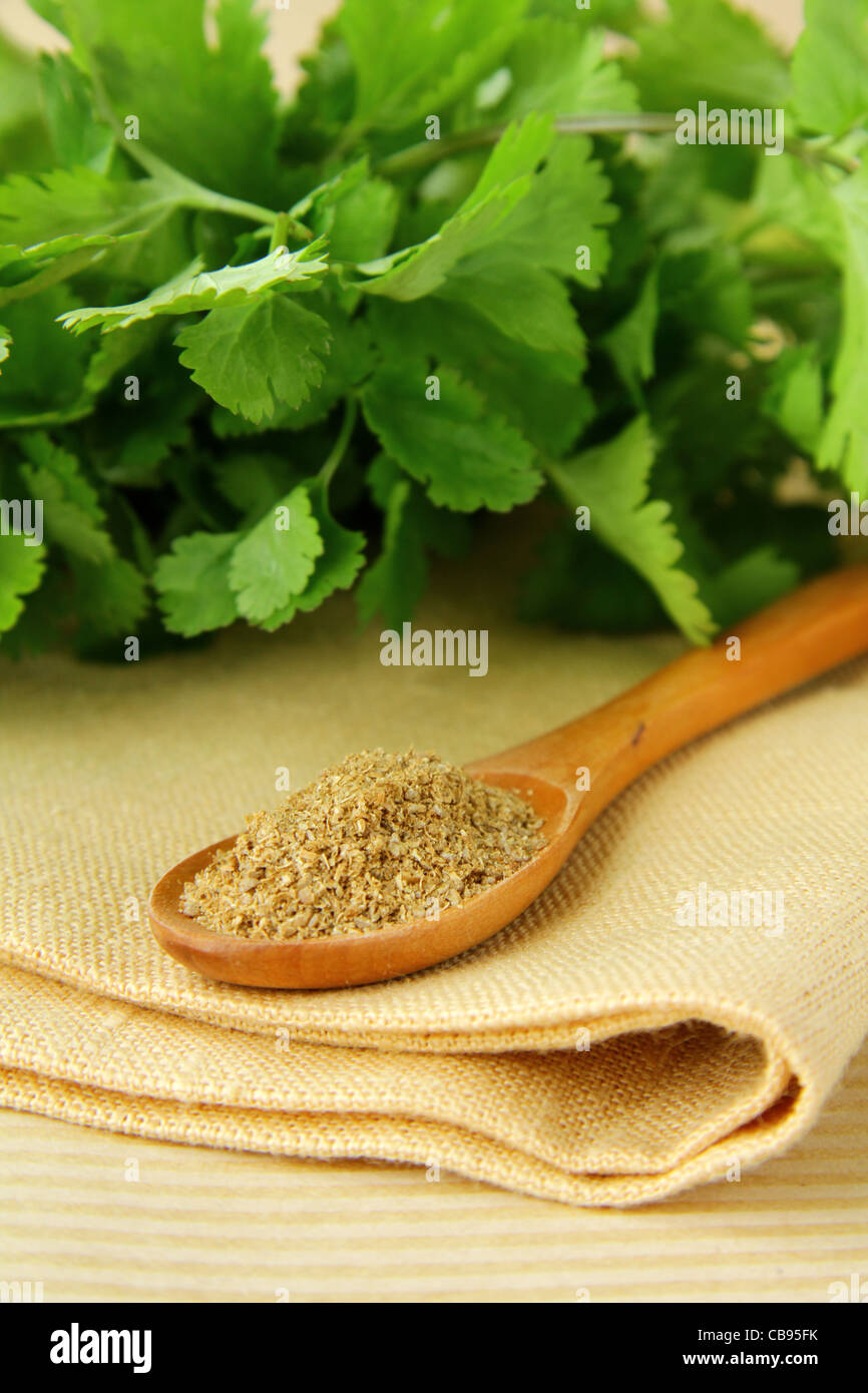 coriander in wooden spoon Stock Photo - Alamy