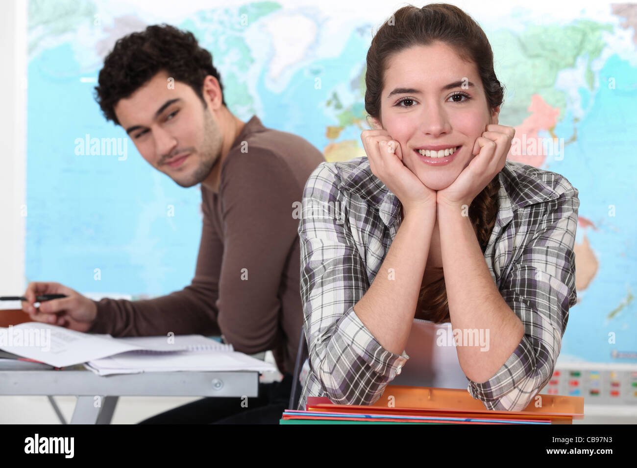 Two students in geography classroom Stock Photo - Alamy