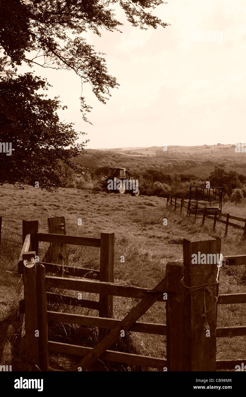 Gate leading into hay field where a Tractor is working Stock Photo - Alamy