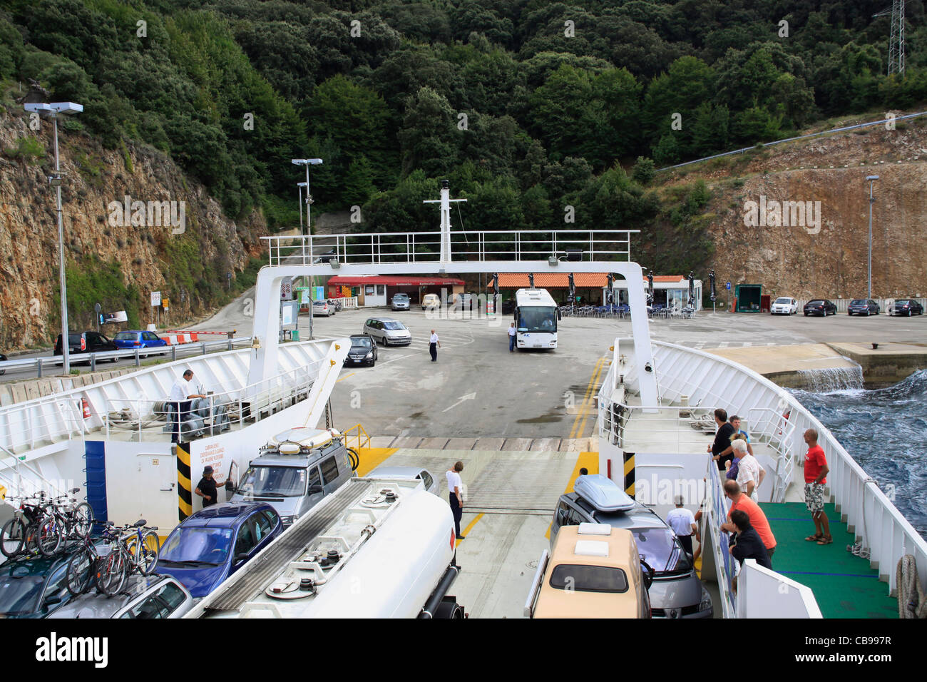 A passenger and car ferry in Merang (Cres Island) about to leave for ...
