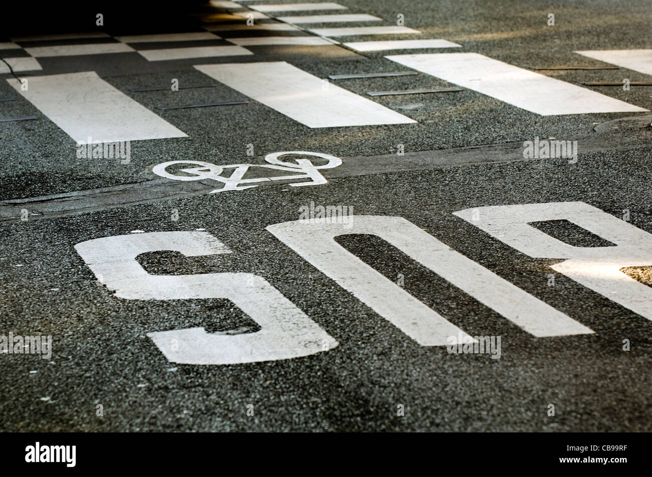 Crosswalk in Paris, France with bus and bicycle crossing Stock Photo ...
