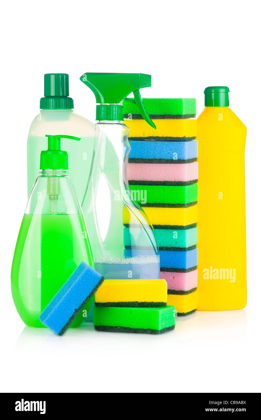 House cleaning supplies. Plastic bottles with detergent and sponge ...