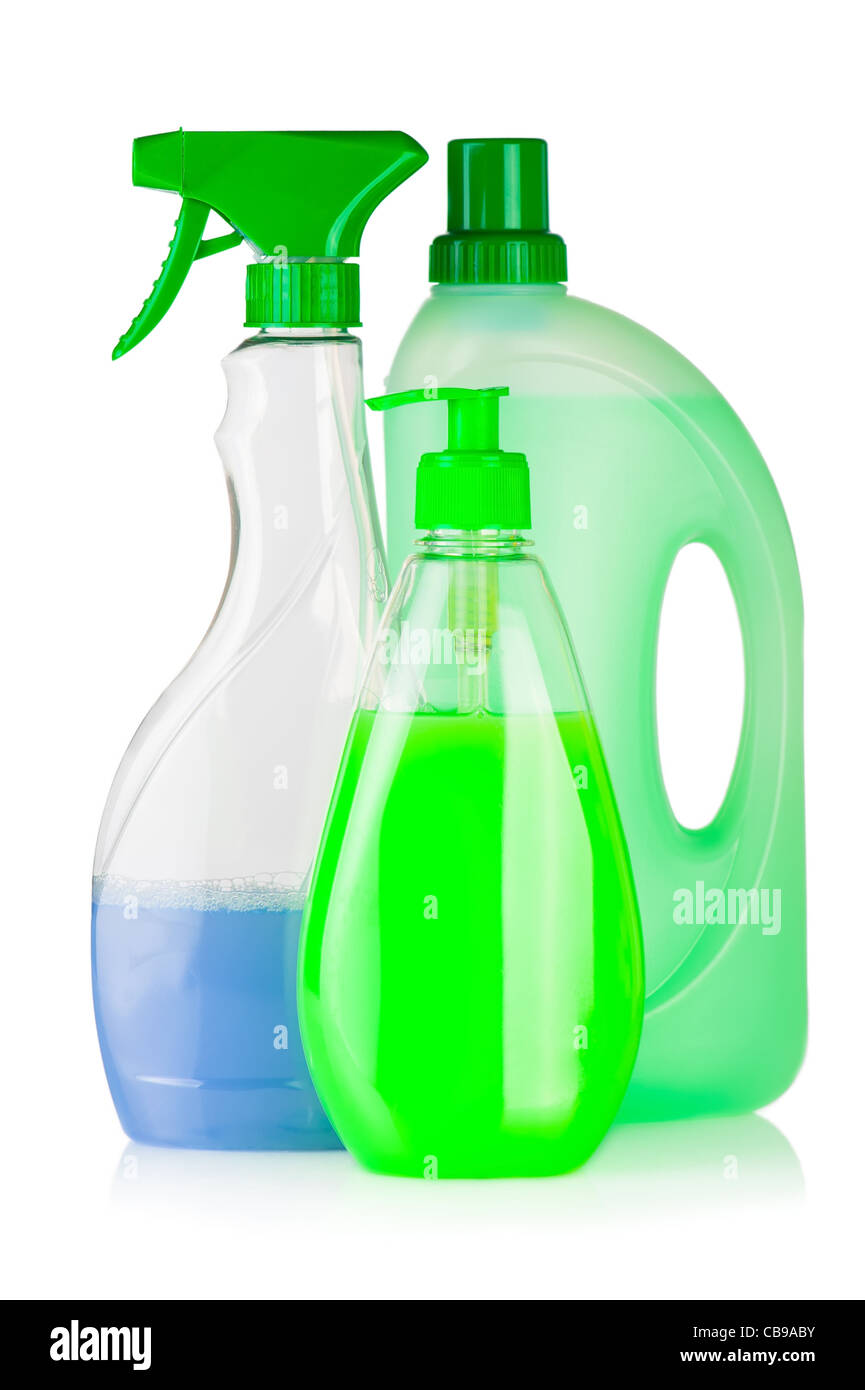 House cleaning supplies. Plastic bottles with detergent and liquid soap ...