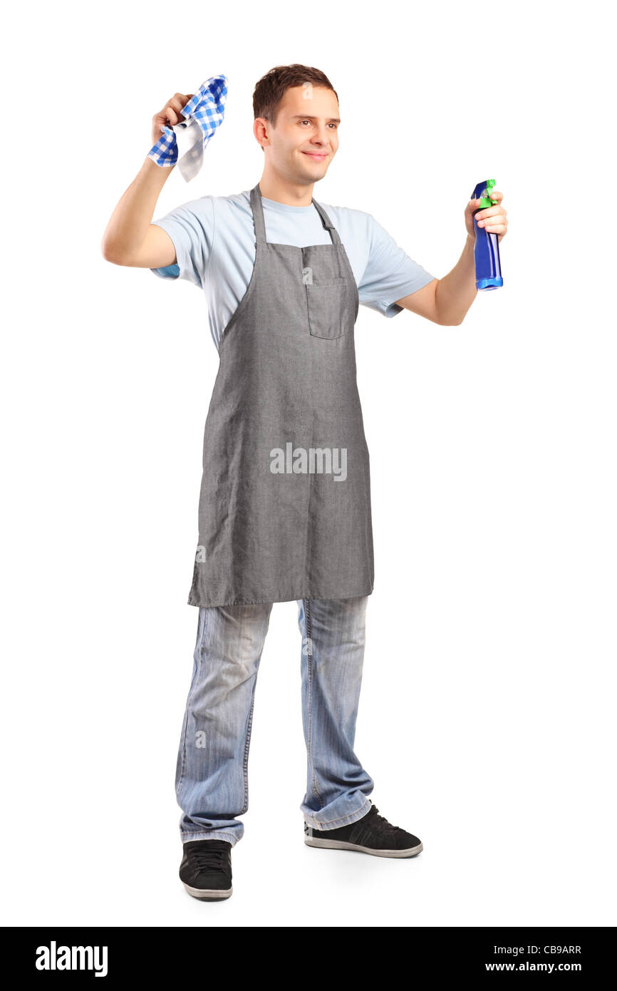 Full length portrait of a young cleaner holding a cleaning supplies ...