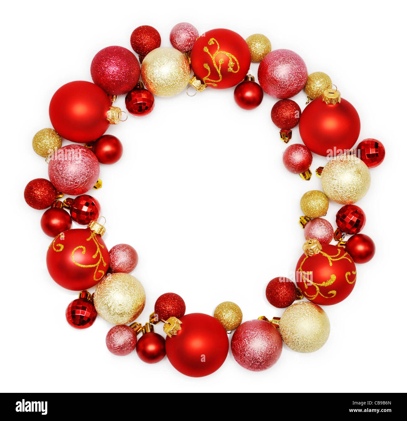Christmas wreath decoration from red and golden color baubles on white ...