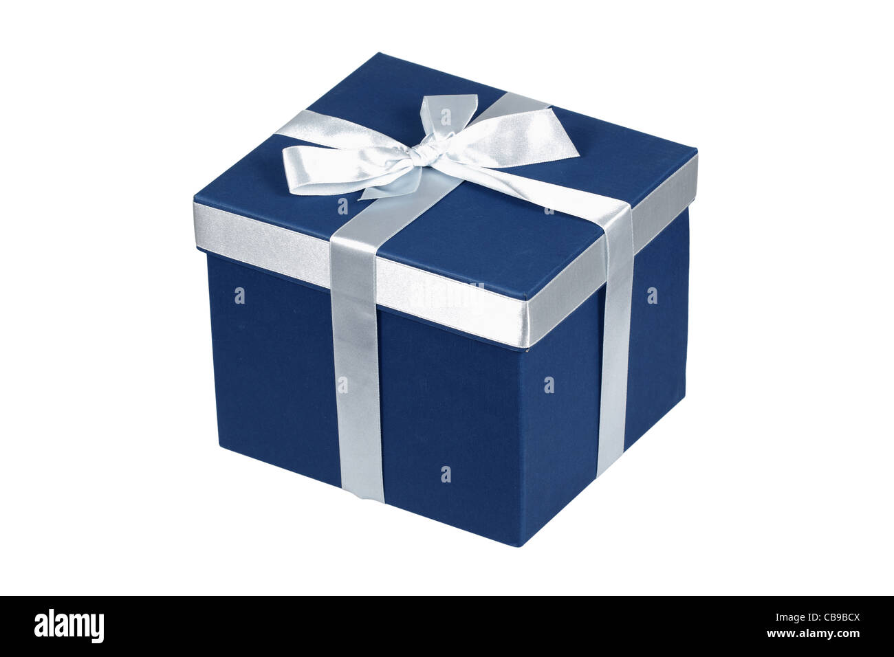 Blue gift box with silver ribbon over white with clipping path Stock ...