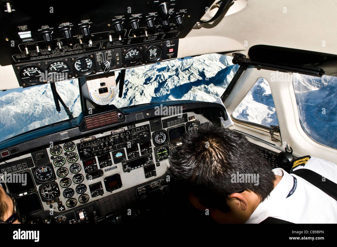A view of the Himalaya mountains from the cockpit of Buddha air in ...