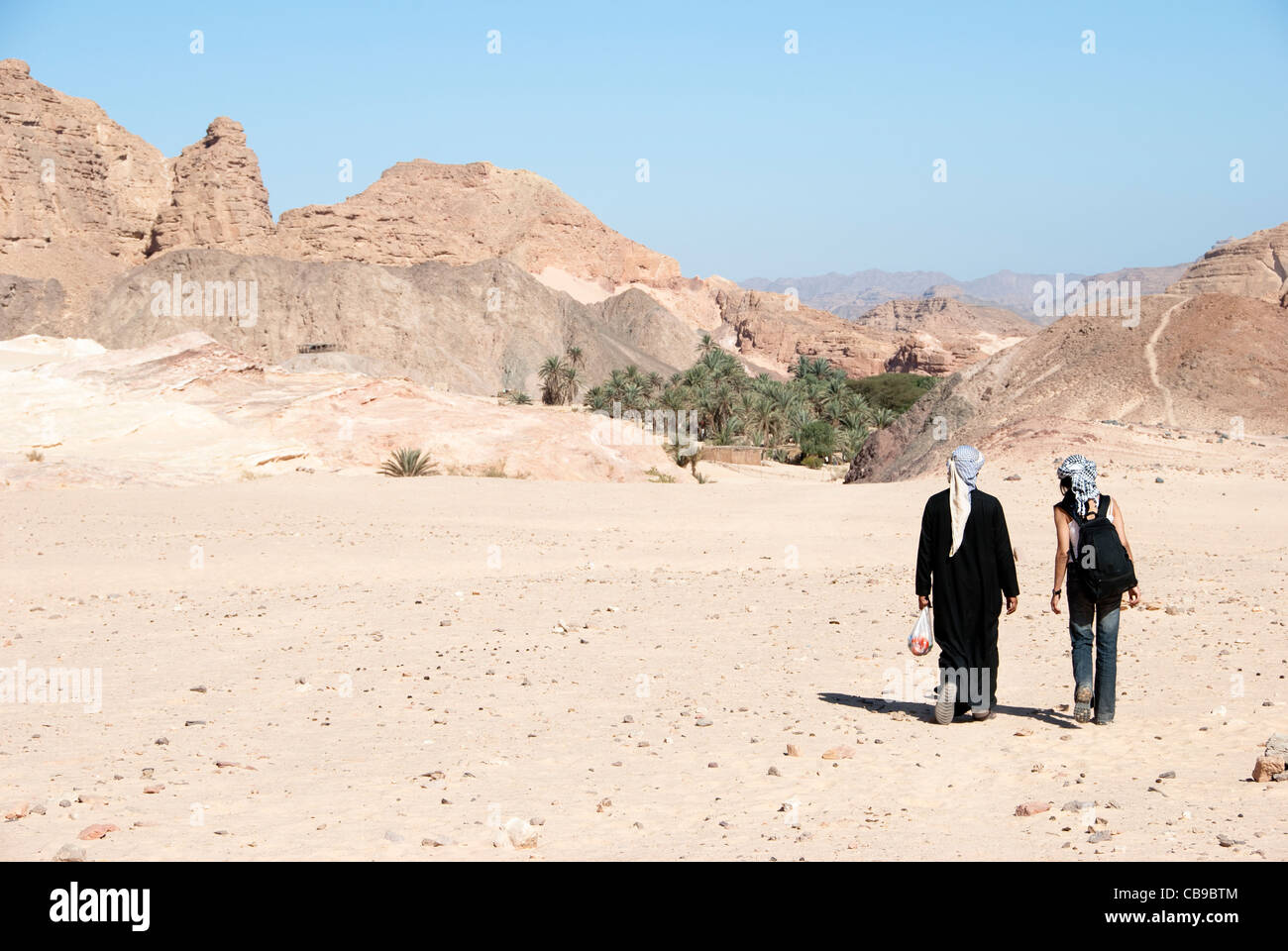 Bedouin guide with tourist walking to Ein Khudra Oasi - Sinai Peninsula ...