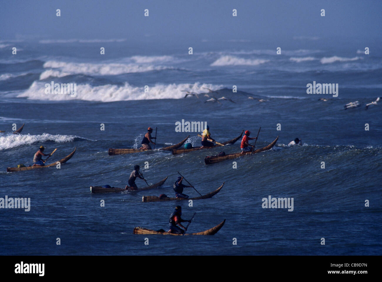 Caballitos de Totora reed boat fishermen paddling through the surf ...
