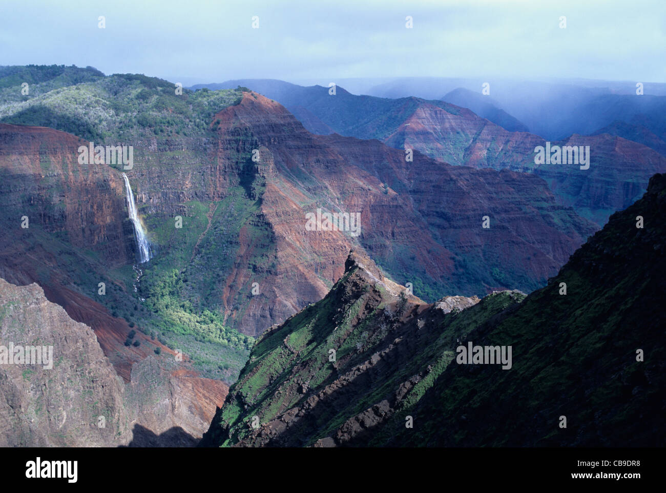 Waipo`o Falls in Waimea Canyon with rainbow on the Hawaiian island of ...