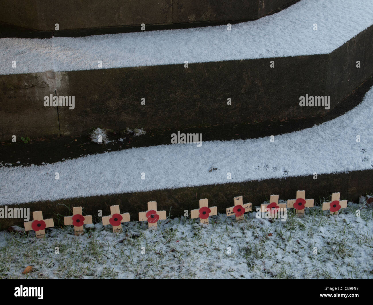 War memorial in wintry weather, small crosses Stock Photo - Alamy