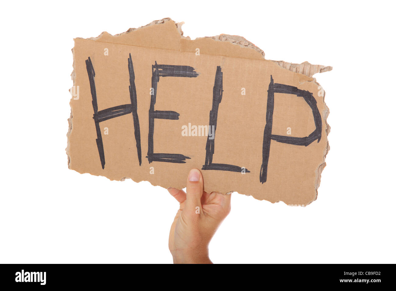 Male person holding cardboard sign with the term help. All on white ...