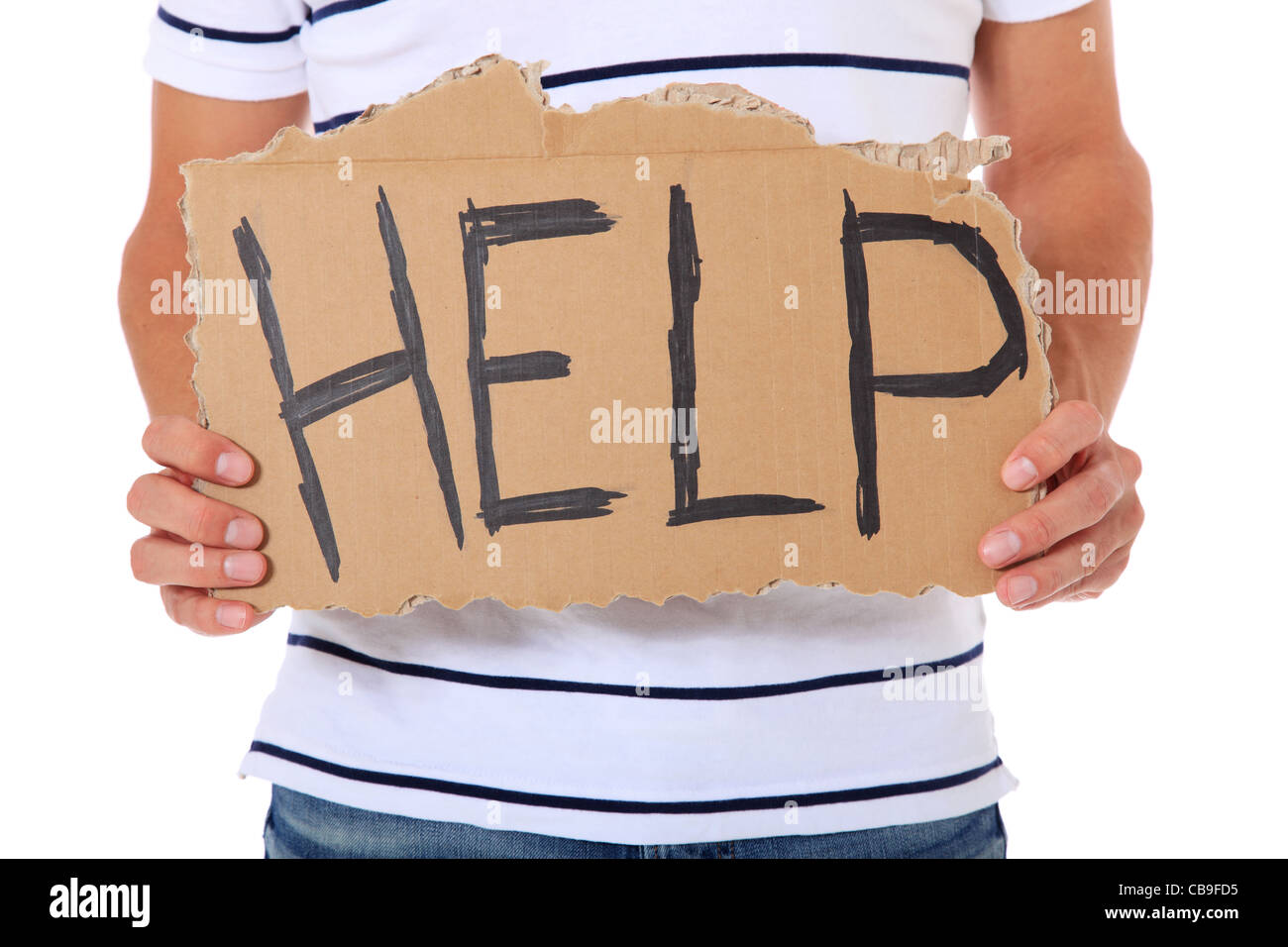 Male person holding cardboard sign with the term help. All on white ...