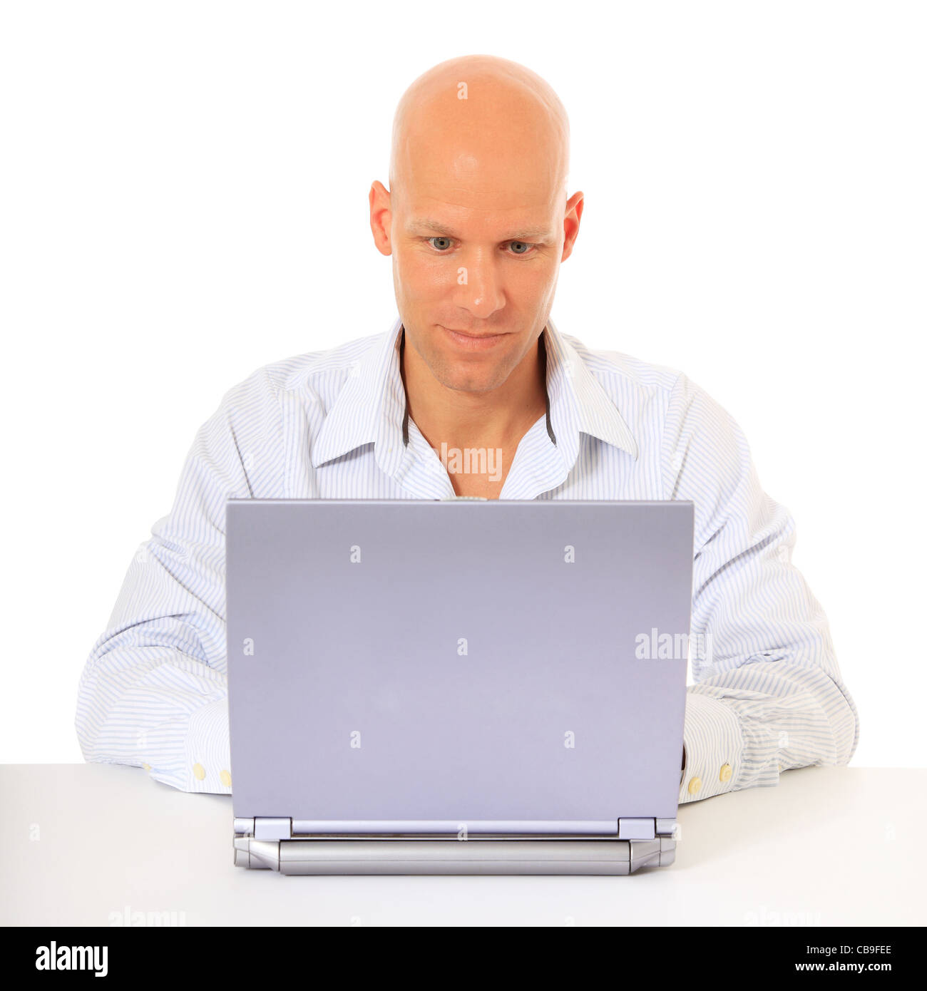 Young man working with laptop. All on white background Stock Photo - Alamy