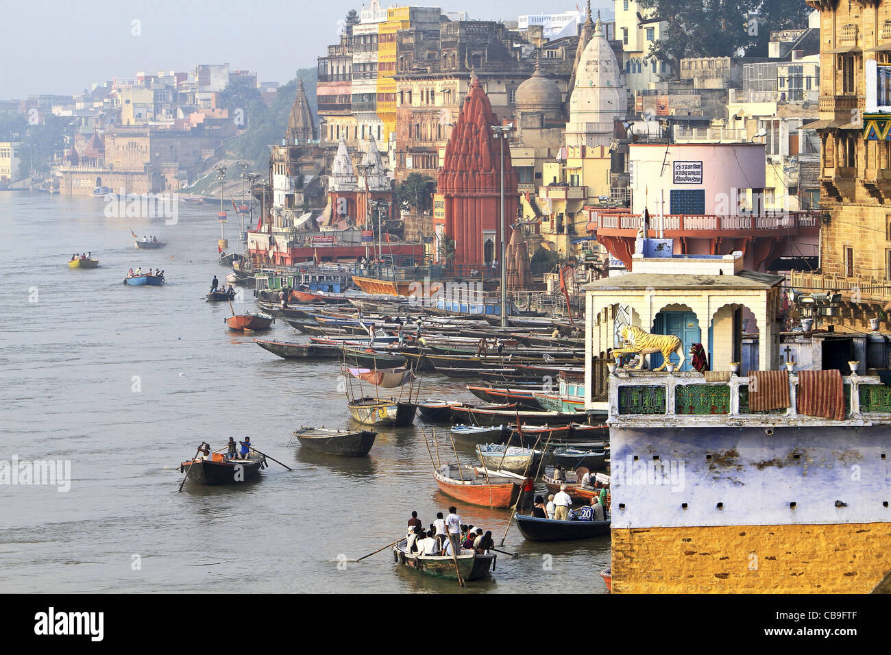 View of traditional boats on the Ganges river at Varanassi. India Stock ...