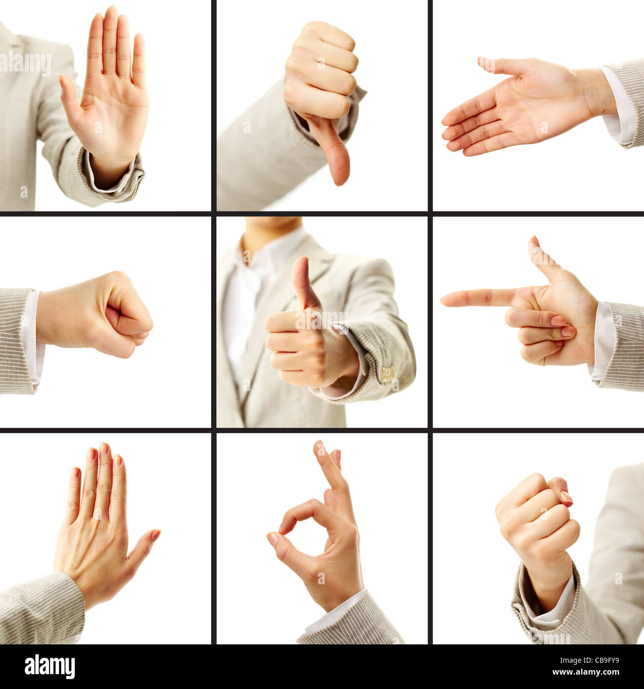 Collage of female hand showing different gestures Stock Photo - Alamy