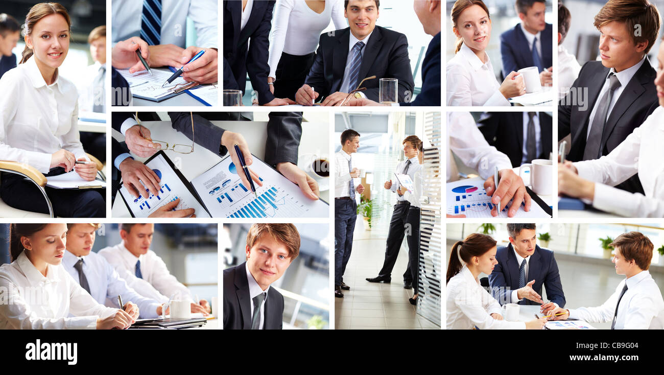 Collage of busy people discussing work and studying Stock Photo - Alamy
