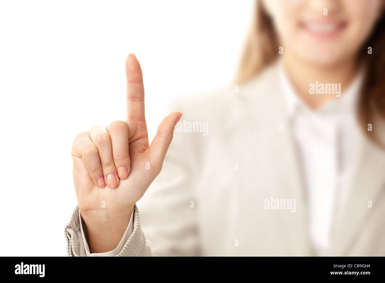 Photo of female hand with forefinger pointing upwards Stock Photo - Alamy