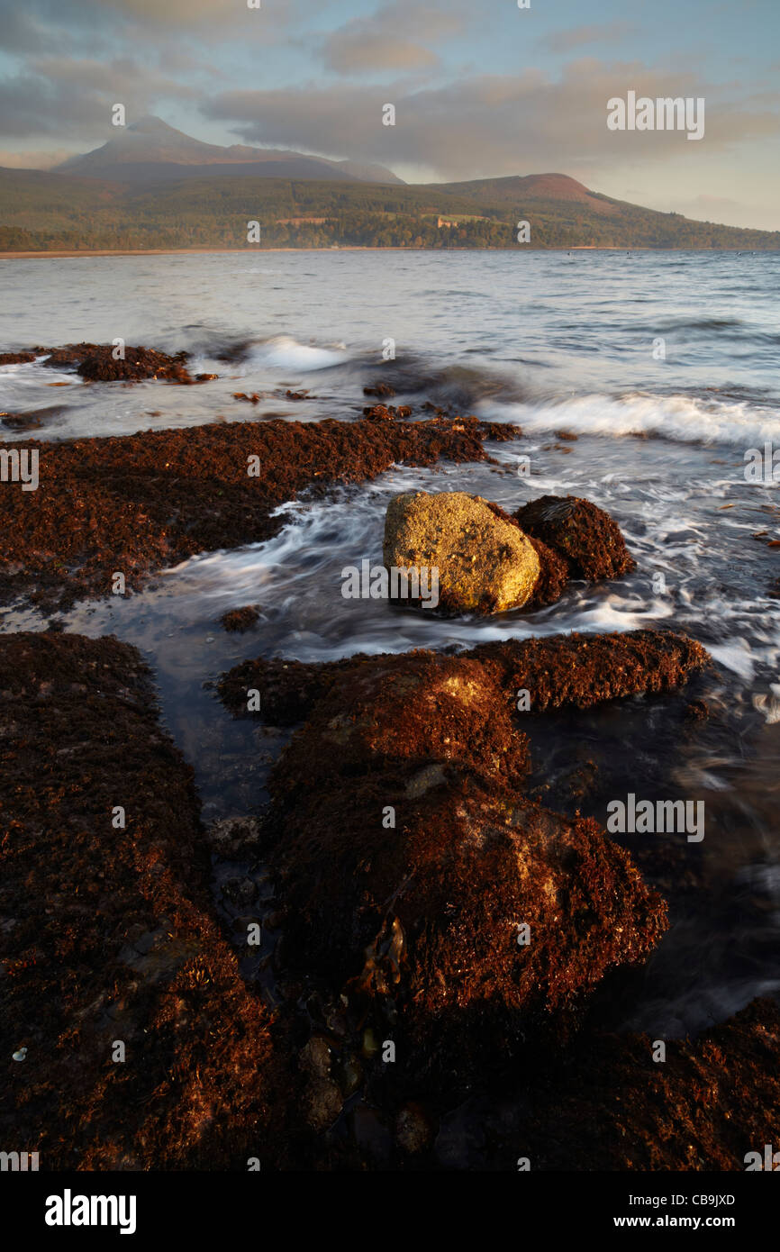 Looking across Brodick Bay to the Arran mountains and the peak of ...