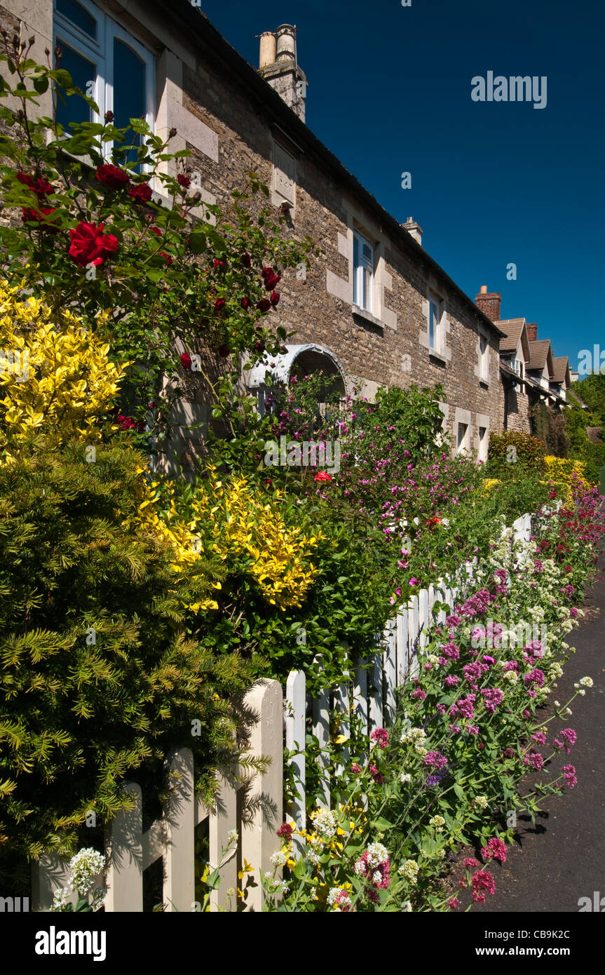 A row of Victorian stone cottages with colourful gardens in Well Cross ...
