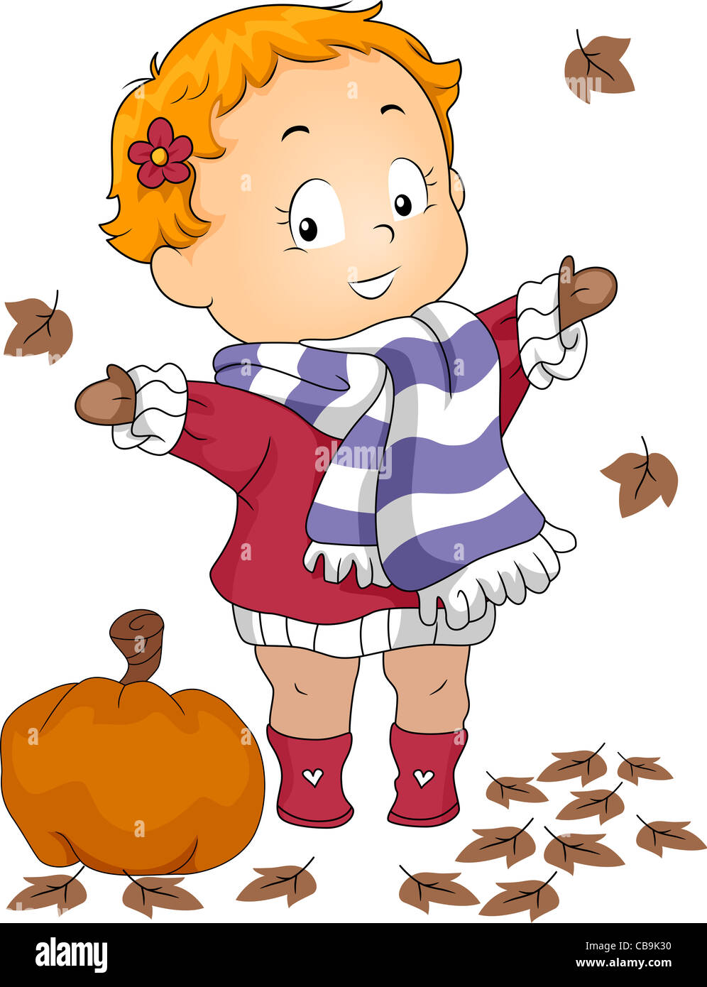 Illustration of a Baby Playing with Autumn Leaves Stock Photo - Alamy