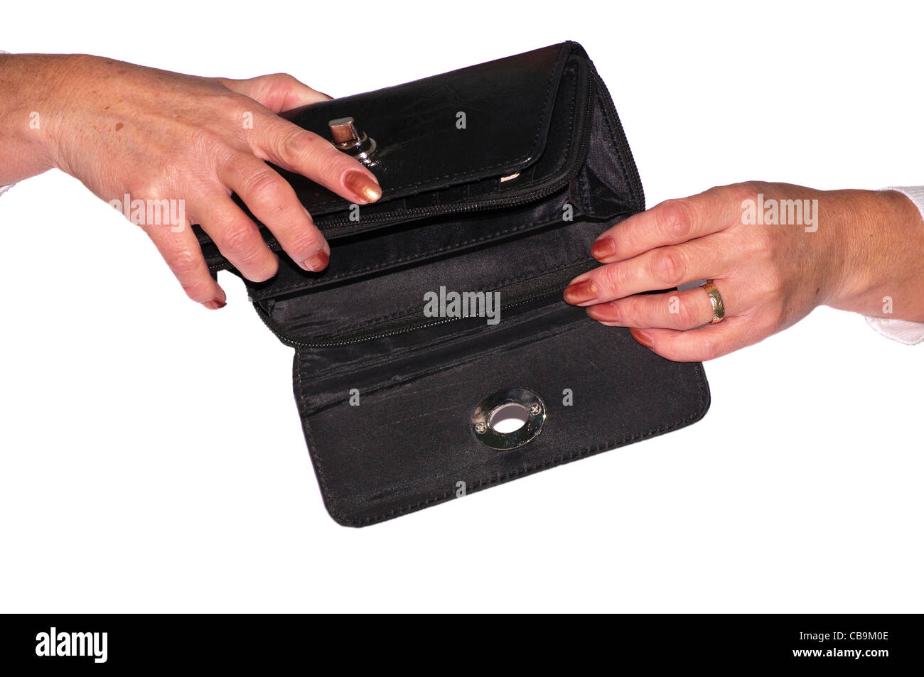 Womans Females persons Hands With An Open Empty Purse Stock Photo - Alamy