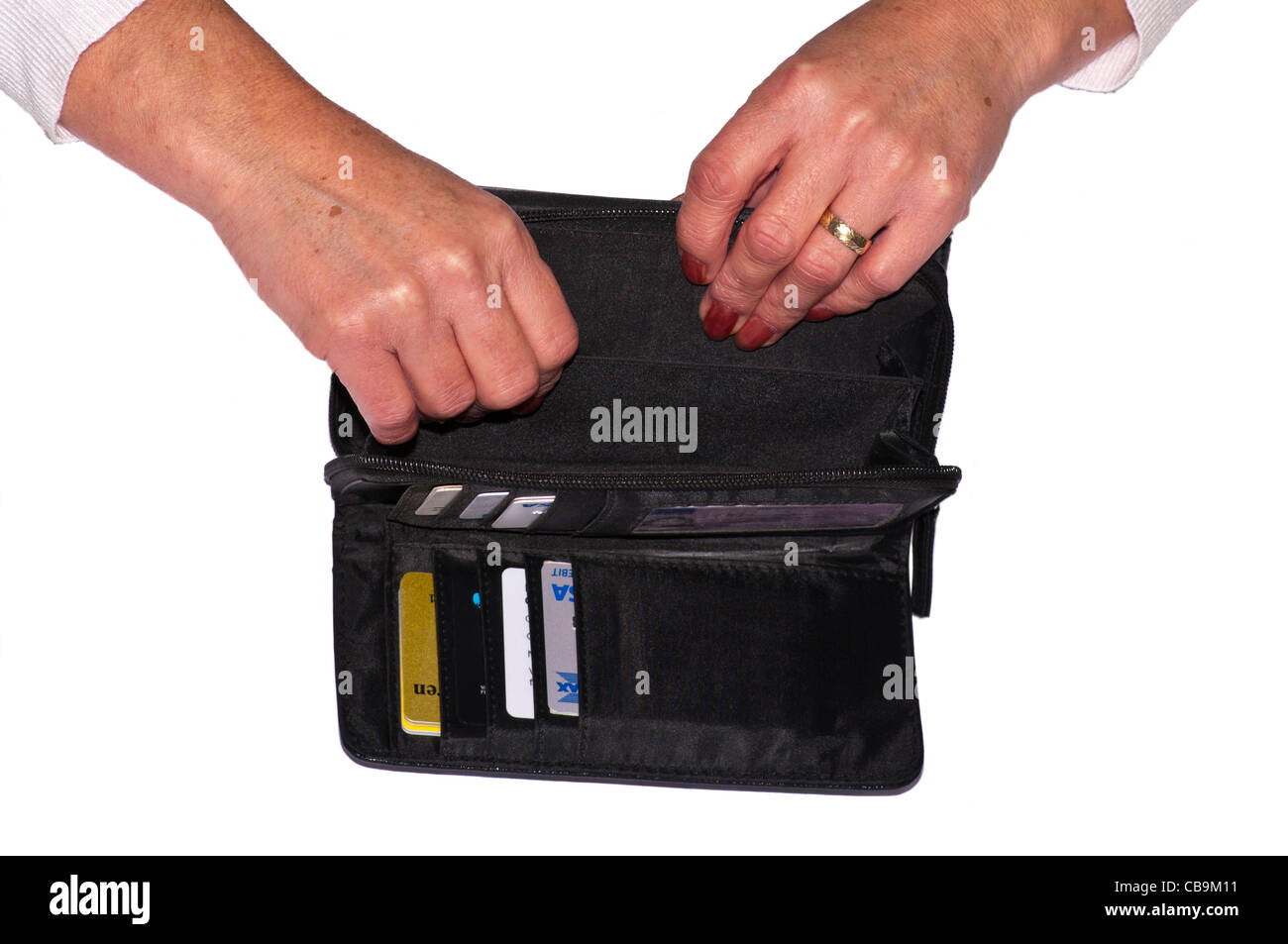 Womans Females persons Hands With An Open Purse Stock Photo - Alamy