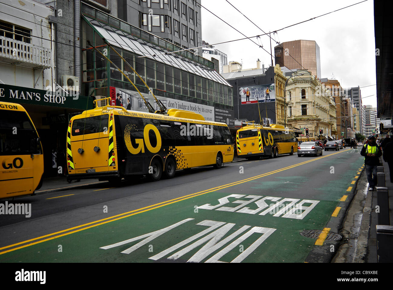 Metlink public transit electric trolley commuter bus stop downtown ...