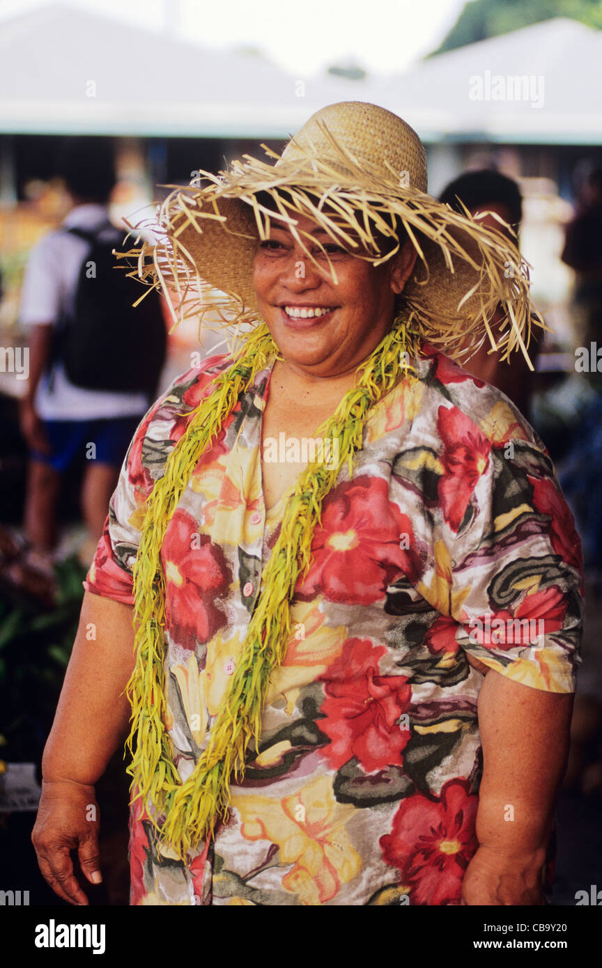 Western Samoa, Upolu Island native, female with lei and woven hat Stock ...