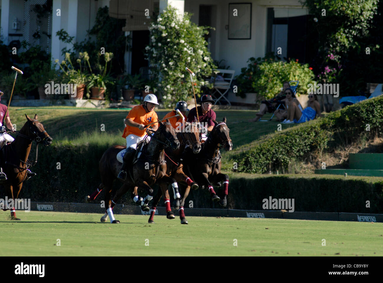 3 polo players galloping after ball during match Stock Photo - Alamy
