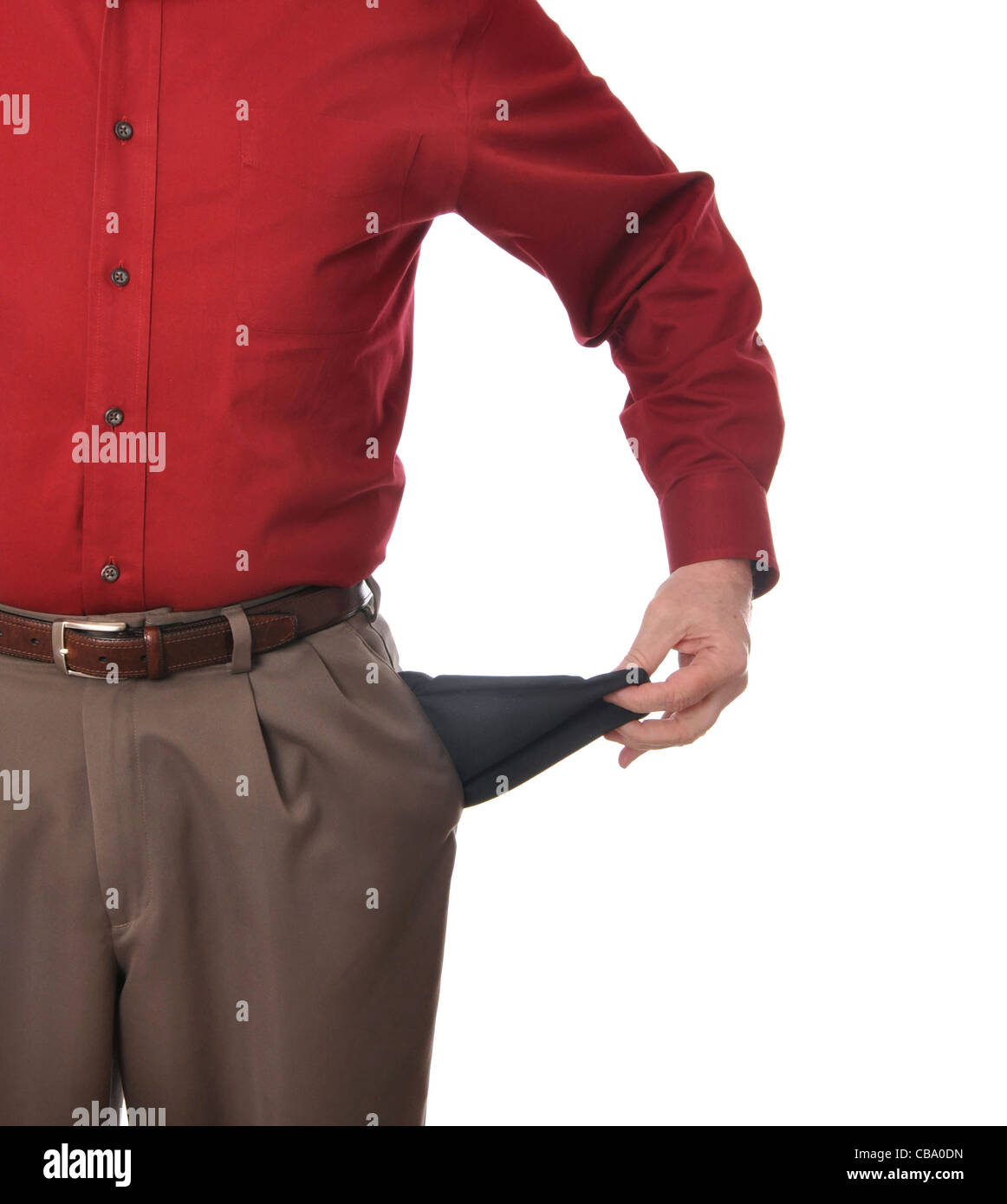 Man with empty pockets against a white background Stock Photo - Alamy