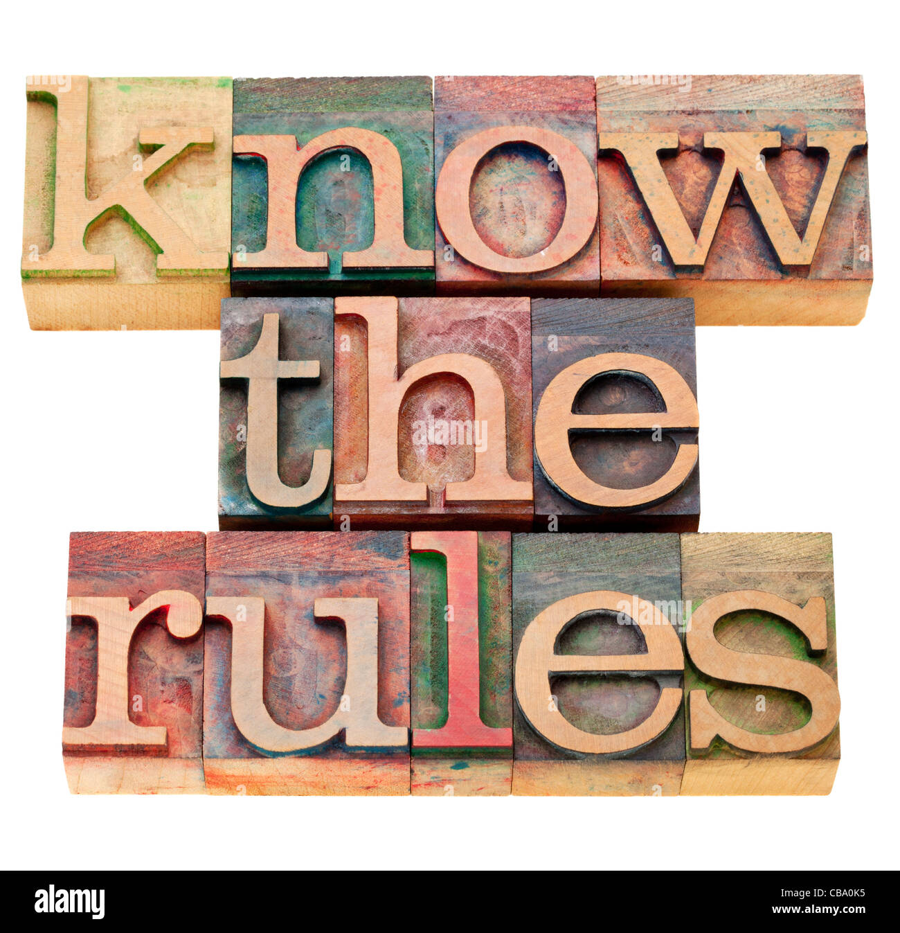 know the rules - isolated text in vintage wood letterpress type Stock ...