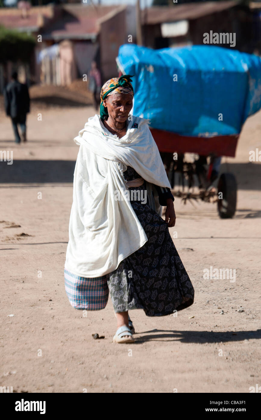 Typical street scene at the town of Debark on the edge of the Simien ...