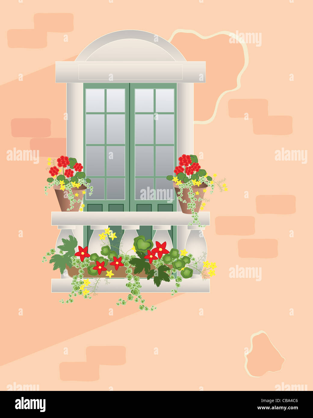 an illustration of a fancy window with balustrade and decorative flower ...